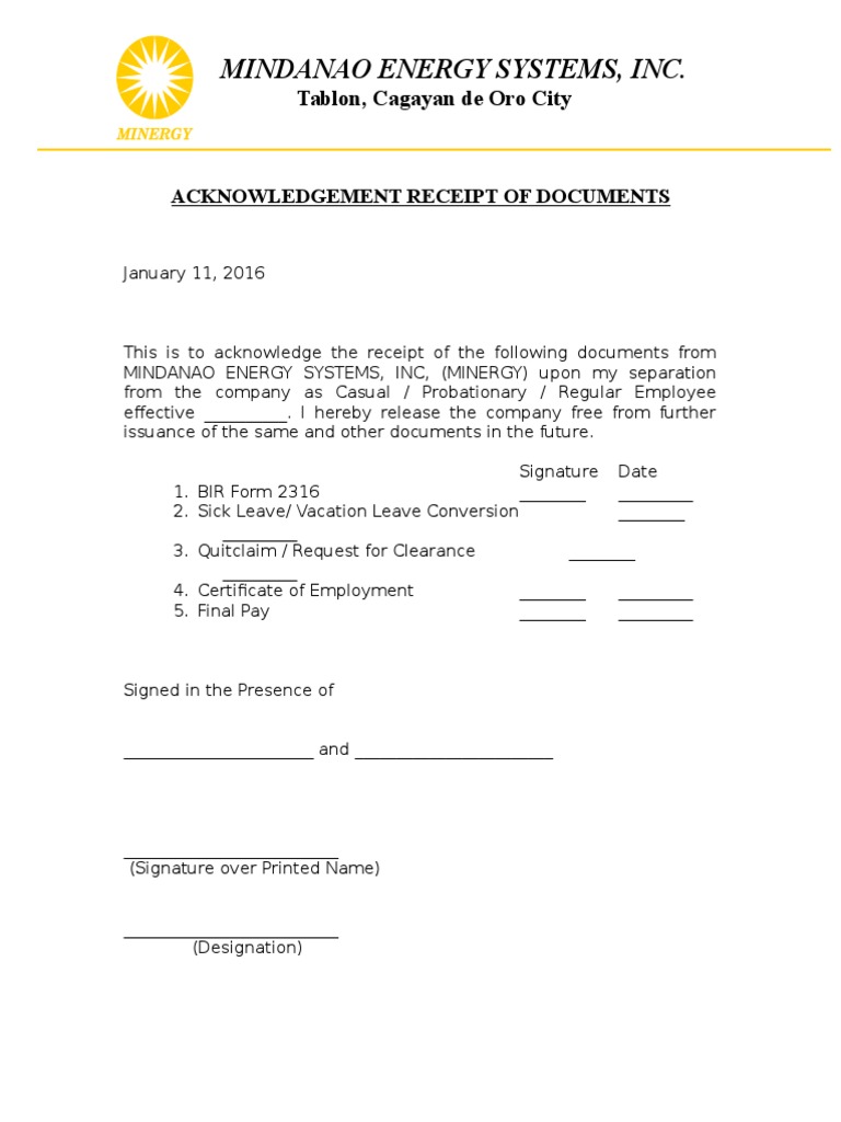 Acknowledgement Receipt of Documents | PDF | Working Time | Employee ...