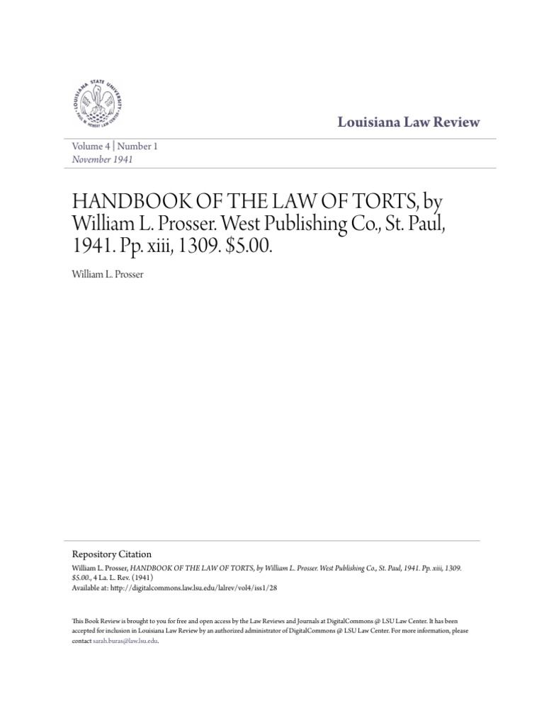 Handbook of The Law of Torts by William L. Prosser. Westpublish ...