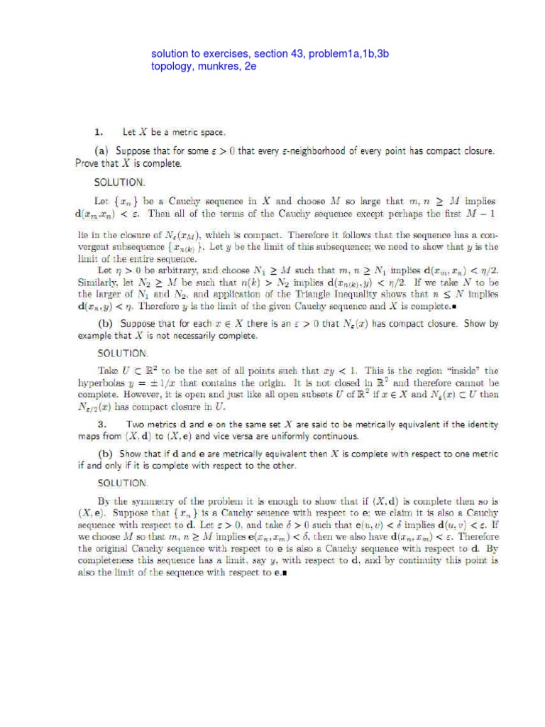Solution To Exercises, Section 43, Problem1a, 1b, 3b Topology, Munkres ...