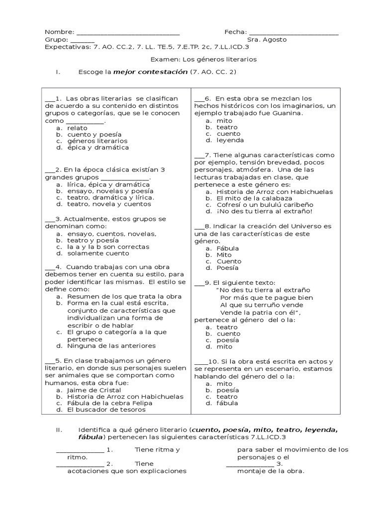 Examen Los Géneros Literarios 2 | Poesía | Cuentos