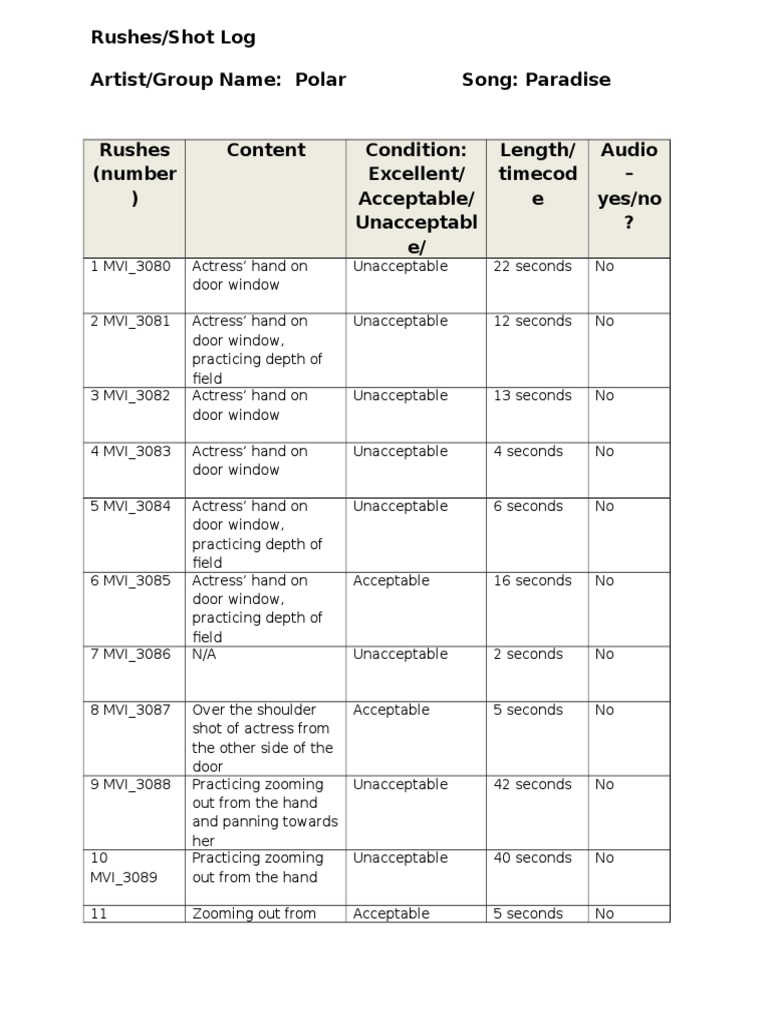 Rushes Shot Log Template and Shot Screenshots 1 | PDF | Leisure