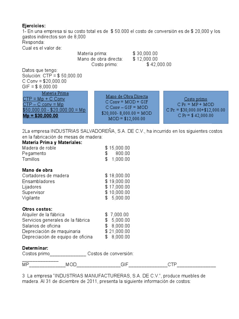 Ejercicips Sobre Costo Primo de Conversion y Total | PDF | Costo ...