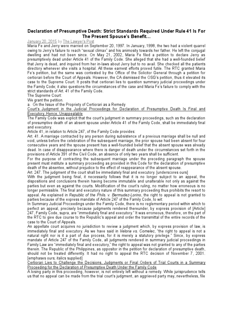 Declaration of Presumptive Death | PDF | Certiorari | Judgment (Law)