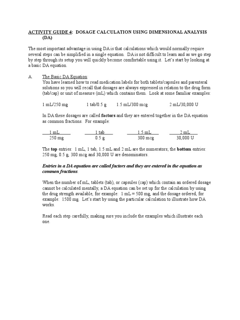 Activity Guide 4: Dosage Calculation Using Dimensional Analysis (DA ...