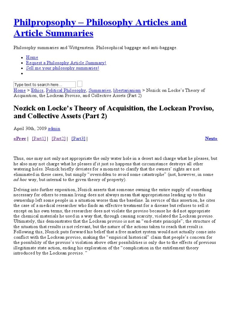 Nozick's Analysis of the Lockean Proviso | PDF | John Rawls | Epistemology