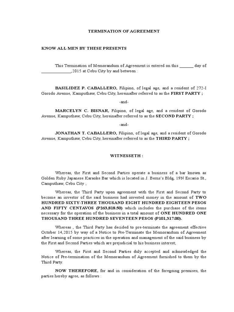 Termination of Memorandum of Agreement | Interest | Government Information