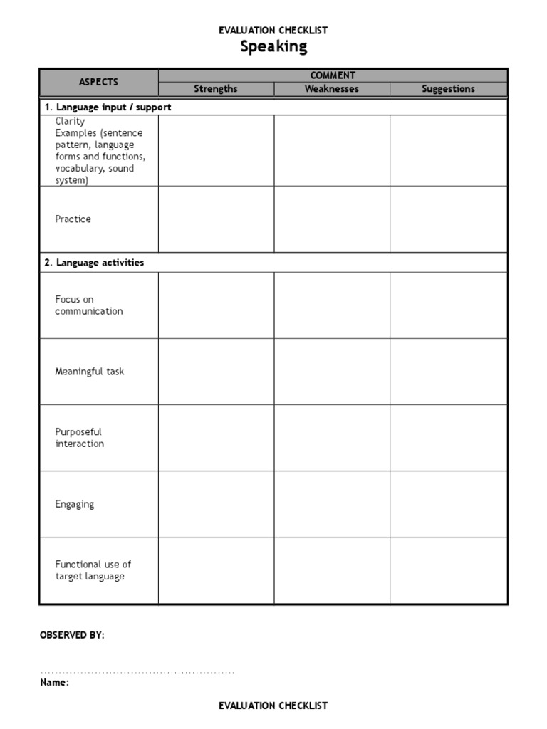 Speaking and Listening Evaluation Checklist | PDF | Applied Linguistics ...