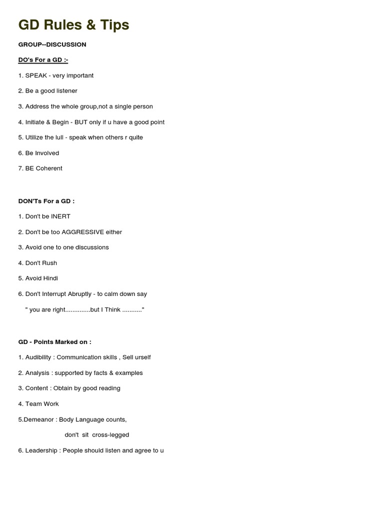 GD Rules & Tips: Group - Discussion Do'Sforagd | Download Free PDF ...