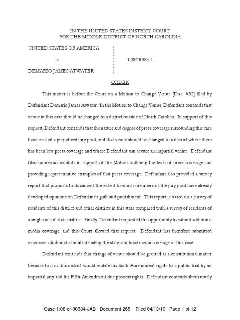 Change of Venue Denied For Demario Atwater | PDF | Voir Dire | Jury ...