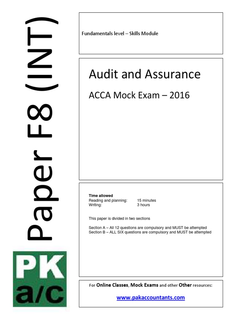 ACCA F8 Mock Exam 2016 Session | PDF | Audit | Credit Card