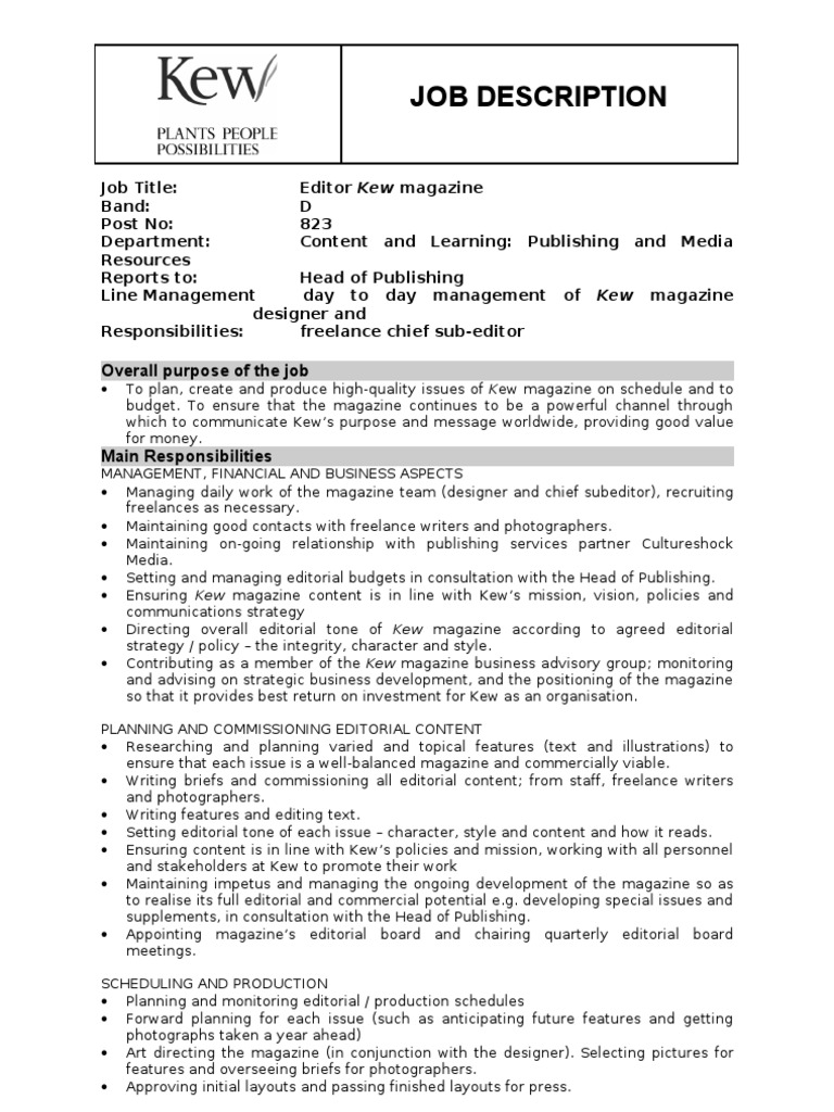 Job Description: Overall Purpose of The Job | PDF | Editing | Publishing