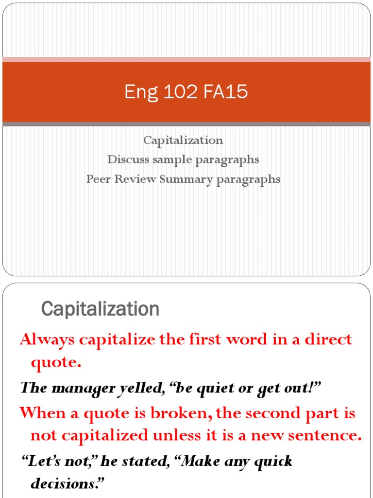 Eng 102 FA15: Capitalization Discuss Sample Paragraphs Peer Review Summary Paragraphs | PDF ...