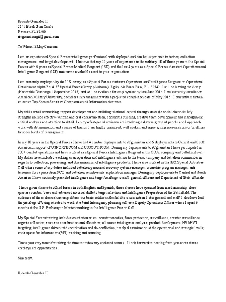 Ricardo Gonzalez Cover Letter | Military Intelligence | Special Forces