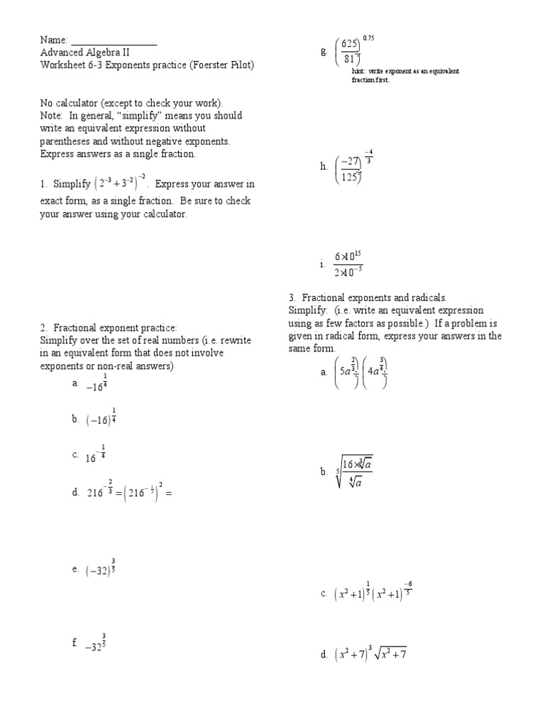 Exponents and Radicals Practice Worksheet | PDF
