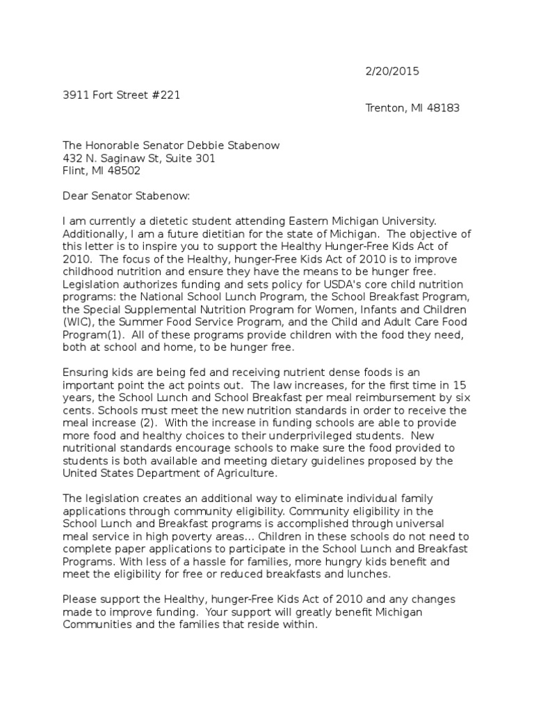 Amanda Mcelvany Legislative Letter | PDF | School Meal | Wic