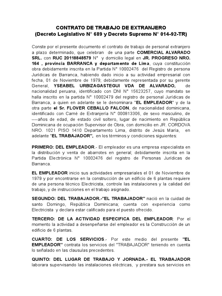 Modelo de Contrato de Trabajo 22 | PDF | Derecho laboral | Tiempo de ...