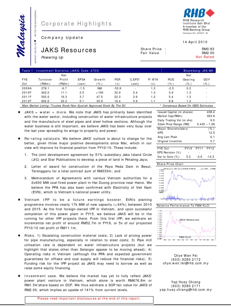 JAKS Resources Berhad: Powering Up-14/04/2010 | PDF | Investment Banking | Investor