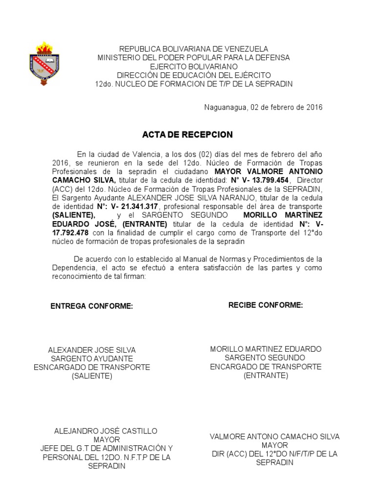 Acta de Entrega Transporte | PDF