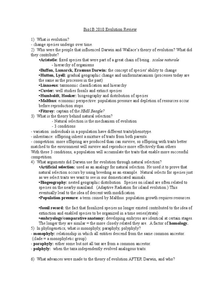 Bio1B 2010 Evolution Review | PDF | Natural Selection | Evolution