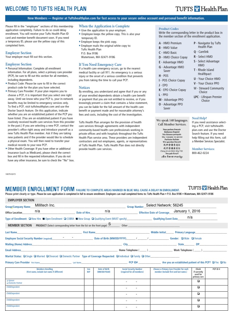 Tufts Enrollment Form | PDF | Health Maintenance Organization ...