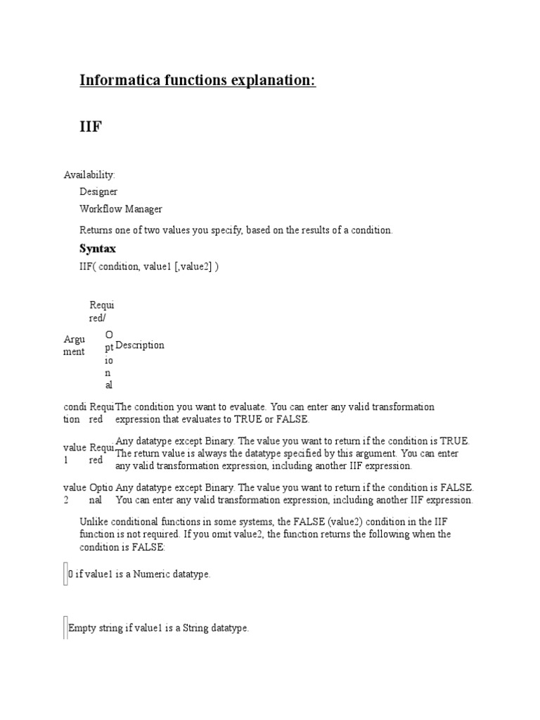 Informatica Functions Explanation: IIF: Syntax | PDF | Data Type | String (Computer Science)