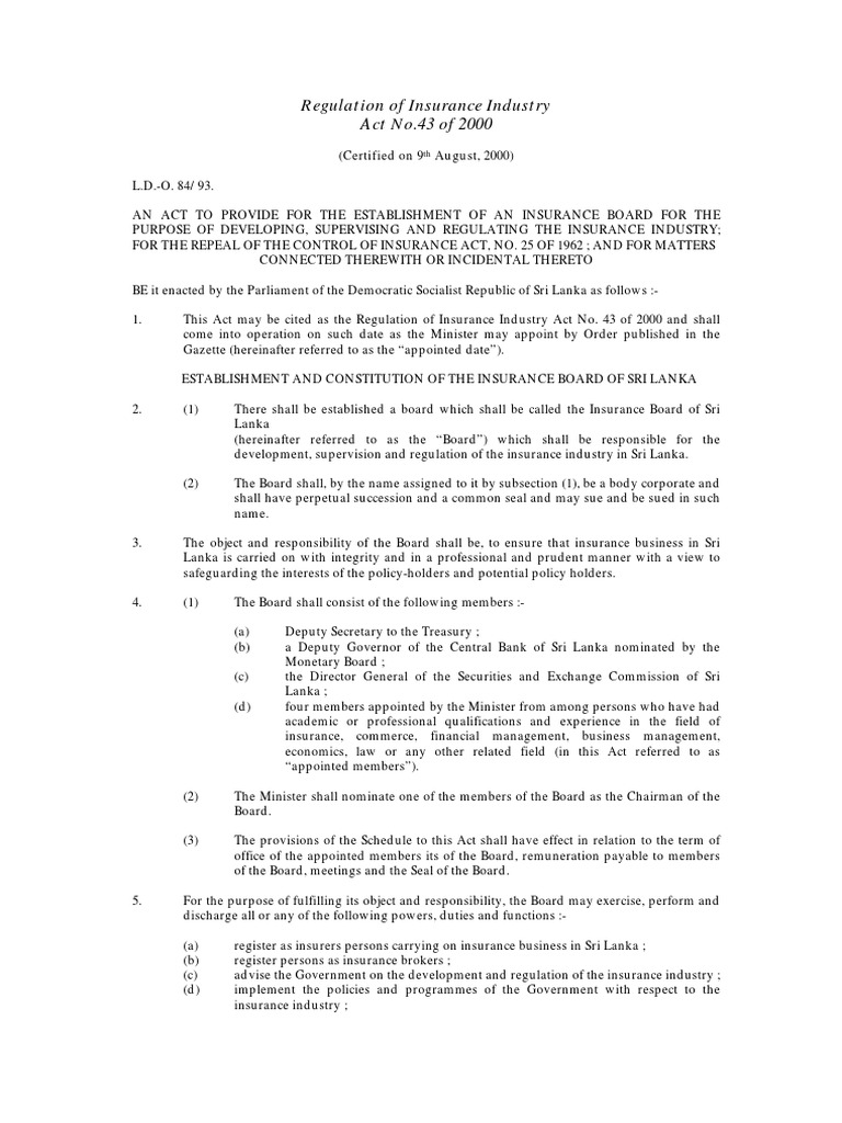 Regulation of Insurance Industry Act, No 43 of 2000 PDF | Download Free ...