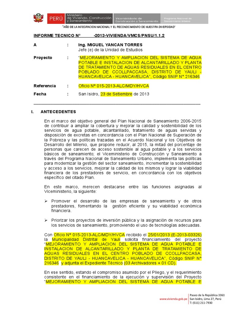 Modelo de Informe Tecnico | PDF | Saneamiento | Alcantarillado