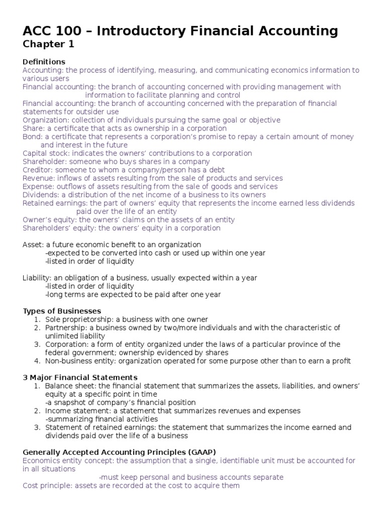 ACC 100 - Introductory Financial Accounting: Definitions | Download ...