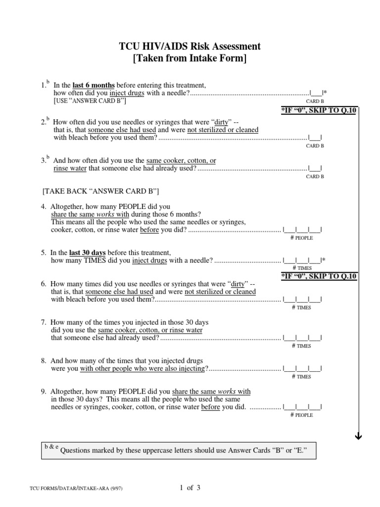 TCU HIV/AIDS Risk Assessment (Taken From Intake Form) : USE Answer Card ...