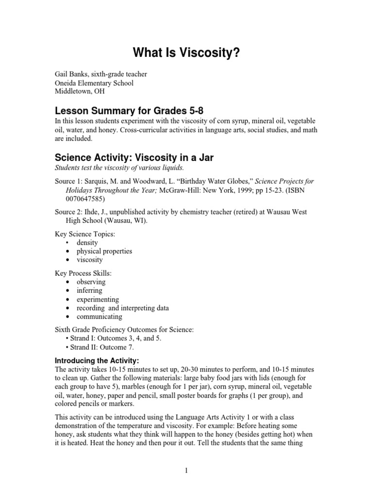 What Is Viscosity?: Lesson Summary For Grades 5-8 | PDF | Viscosity | Honey