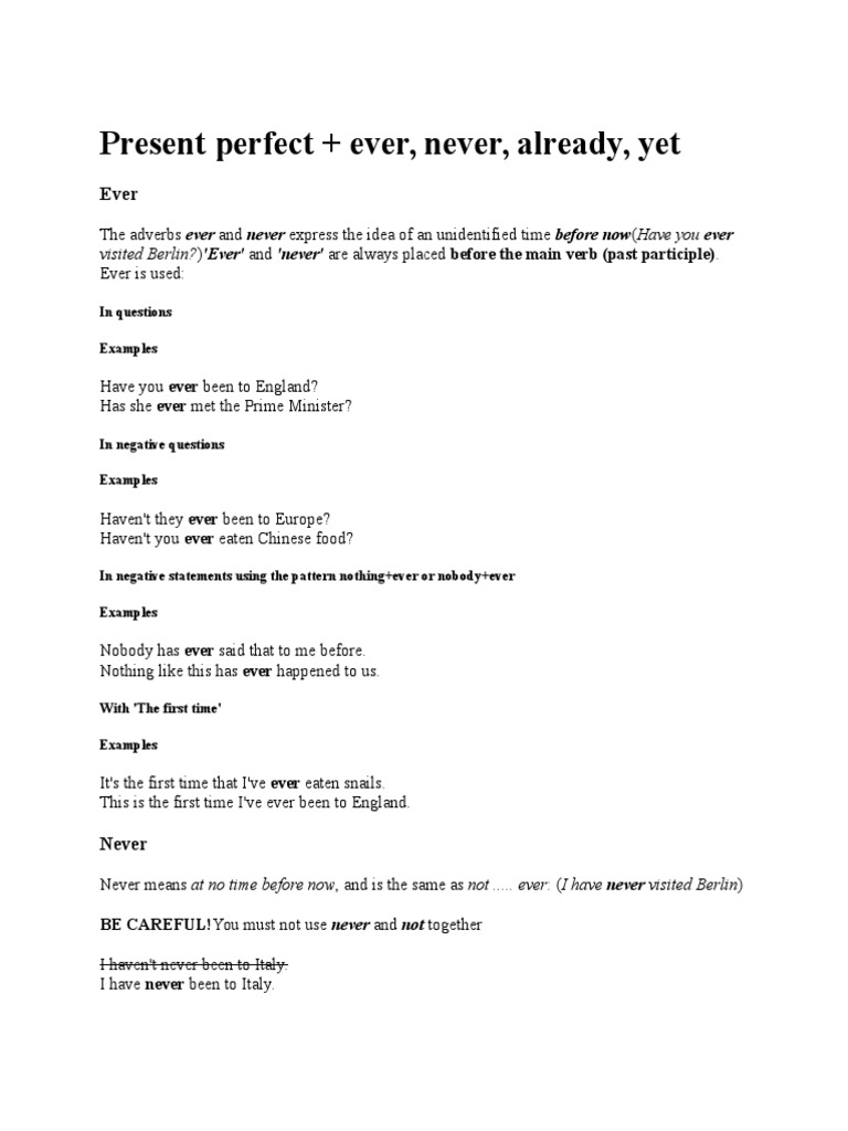 Present Perfect: Ever, Never, Already, Yet | PDF