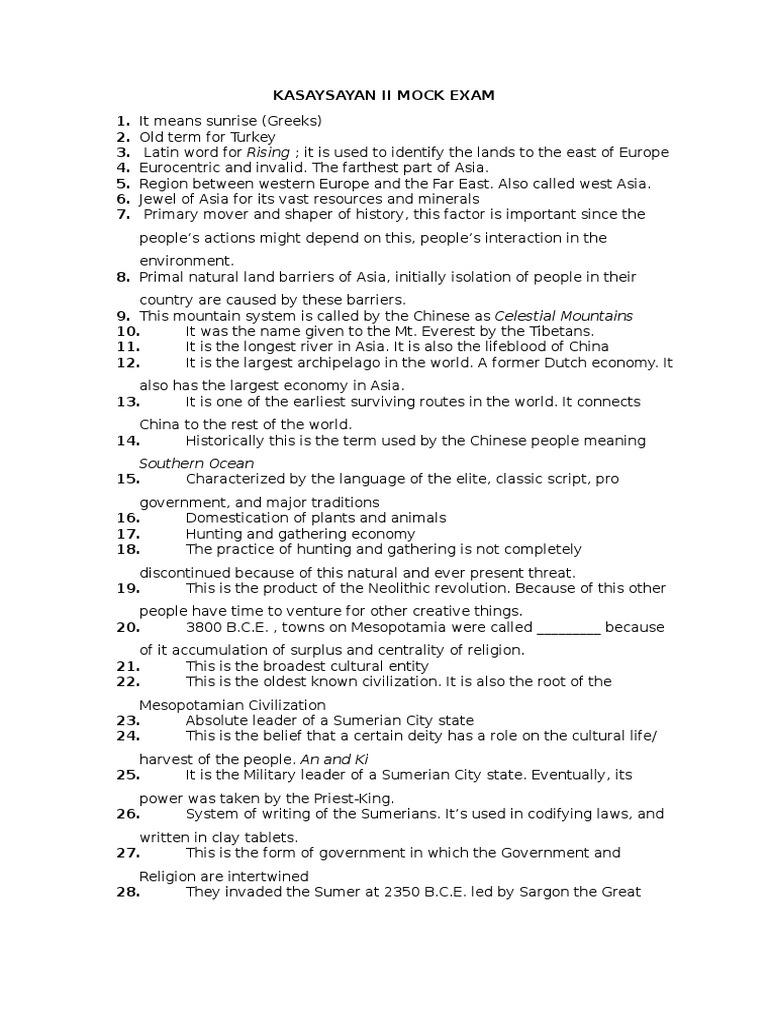 Kasaysayan NG Asya Mock Exam Questionnaire | PDF | Mesopotamia ...
