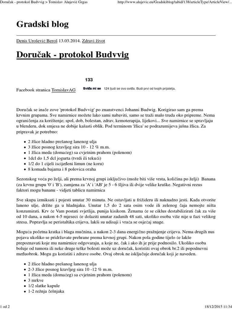 Doručak - Protokol Budvvig - Tomislav Alujević Grgas | PDF