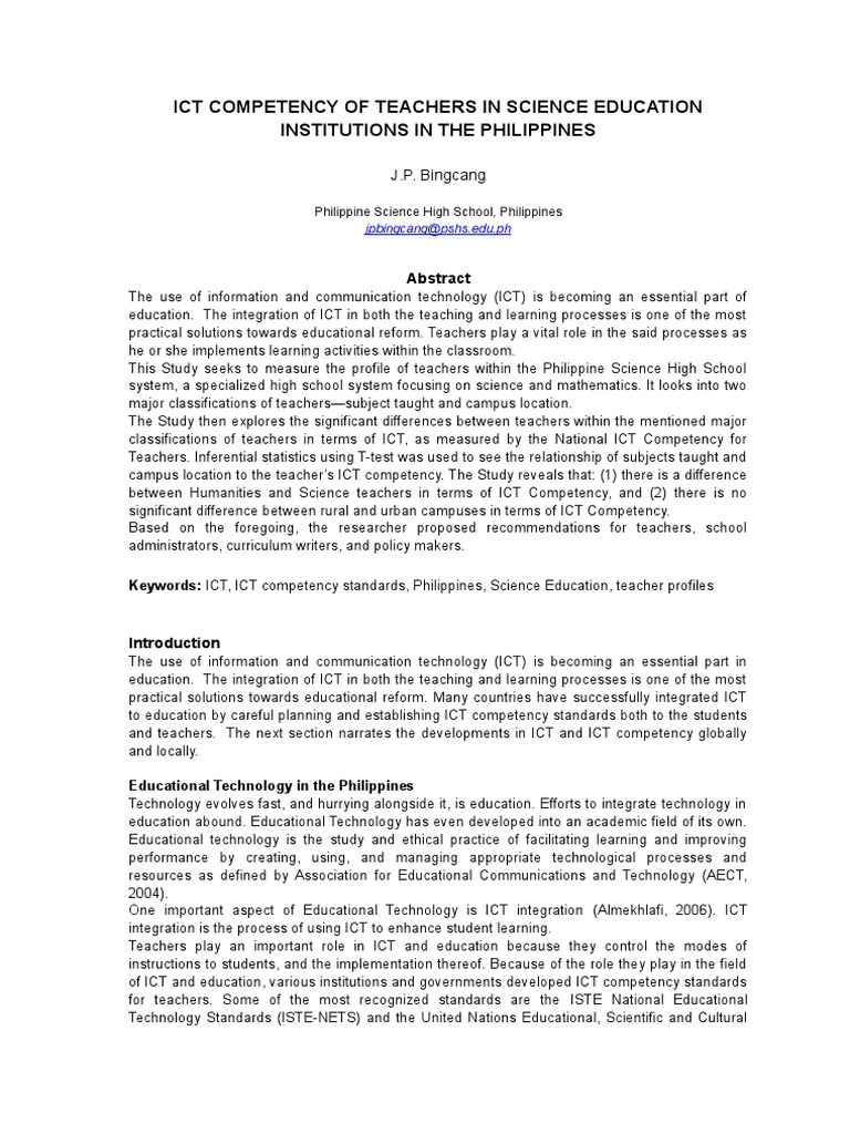 Ict Competency of Teachers in Science Education Institutions in The Philippines | PDF ...