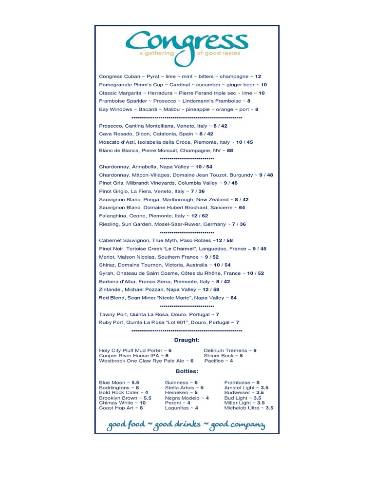 Congress Bar Drink Menu | PDF