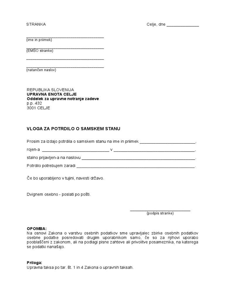 5 Vloga Za Potrdilo o Samskem Stanu | PDF
