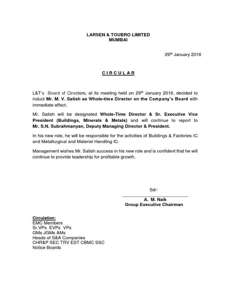 M.V. Satish Appointed Whole-Time Director | PDF | Business