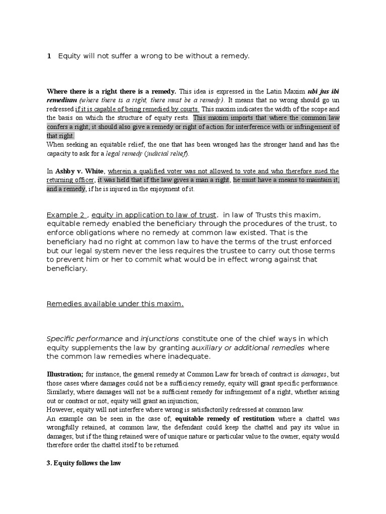 Equity Maxims | PDF | Equity (Law) | Legal Remedy