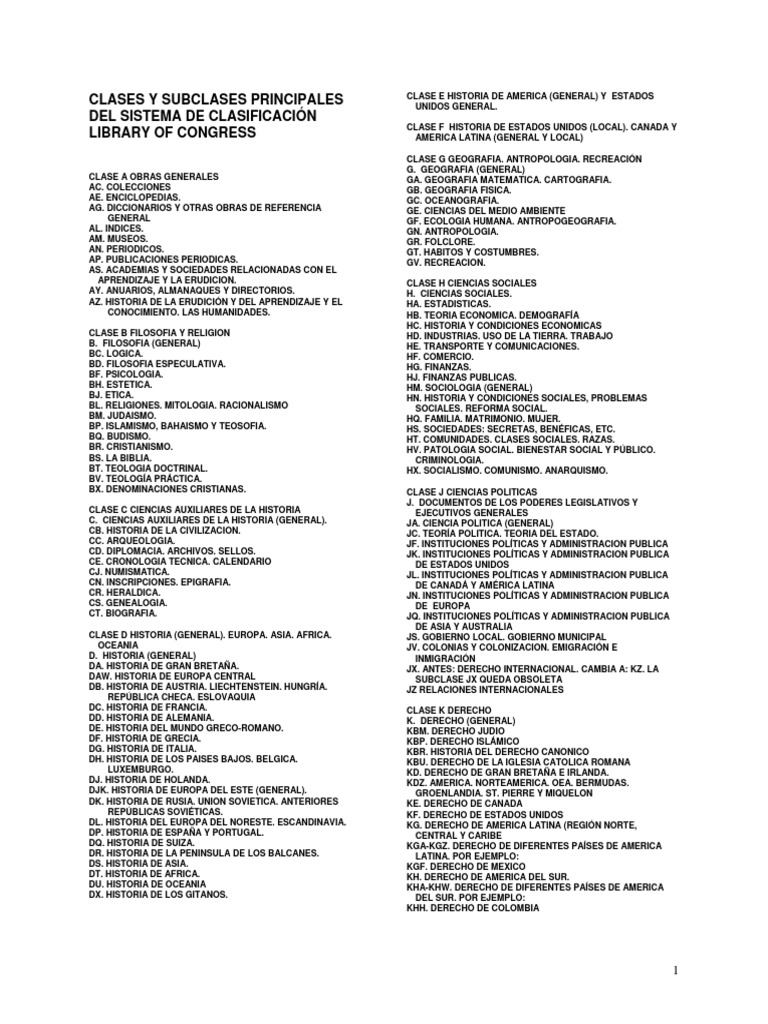 Clases y Subclases Principales Del Sistema de Clasificación LC | PDF ...
