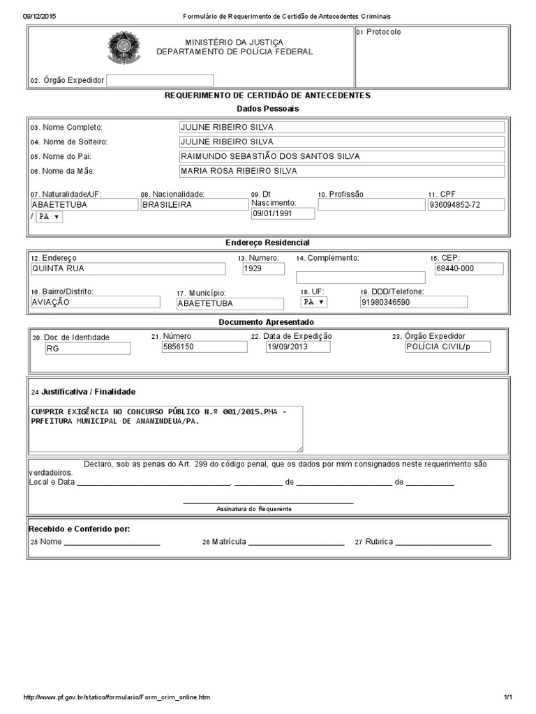 Formulário de Requerimento de Certidão de Antecedentes Criminais | PDF