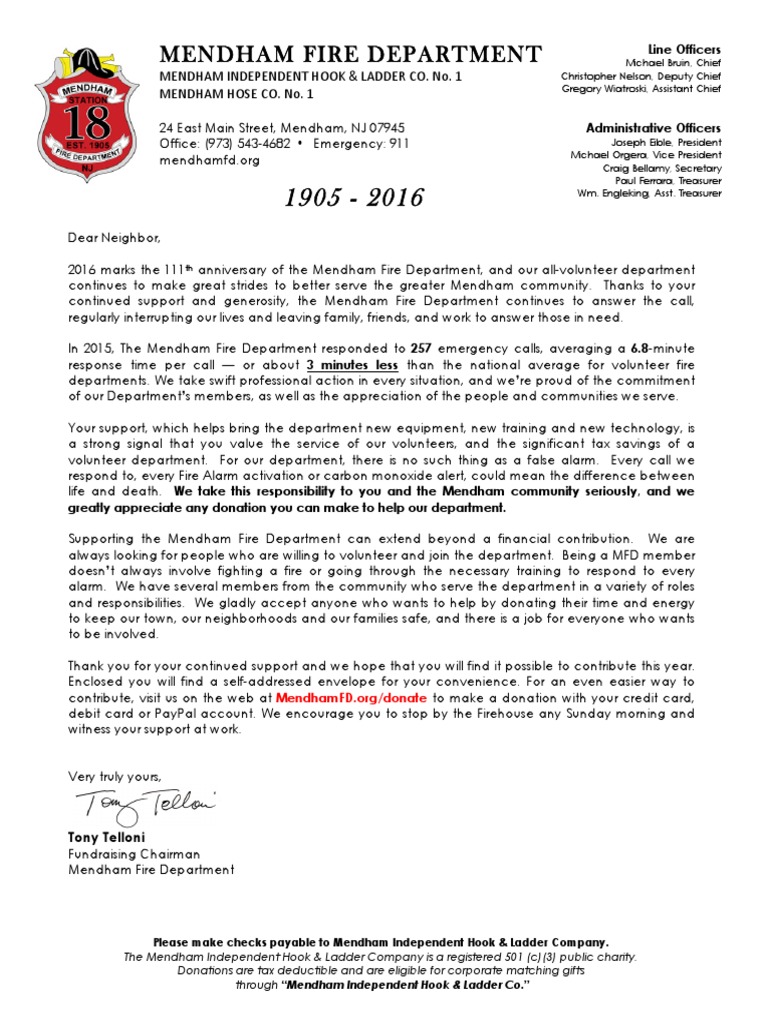 Mendham Fire Department 2016 Fundraising Letter | PDF | Fundraising ...