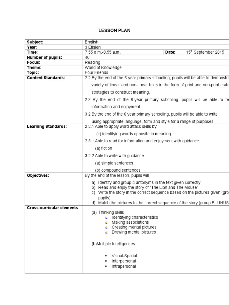 Lesson Plan: Four Friends Story | PDF | Lesson Plan | Reading (Process)