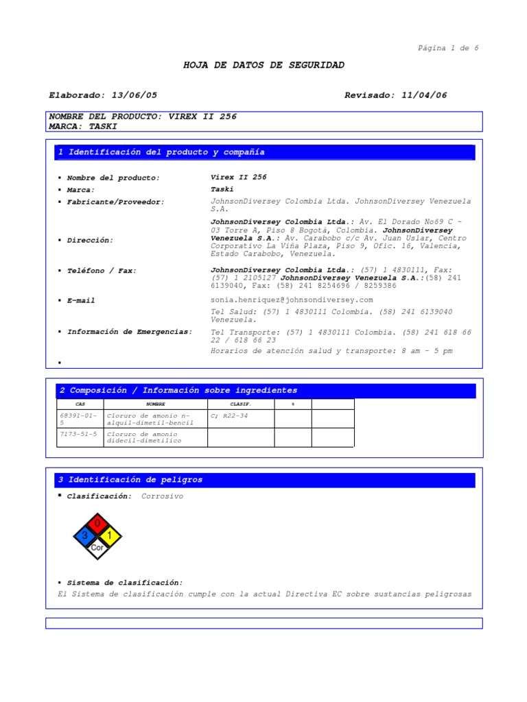 MSDS Taski Virex | Descargar gratis PDF | Quemar | Agua