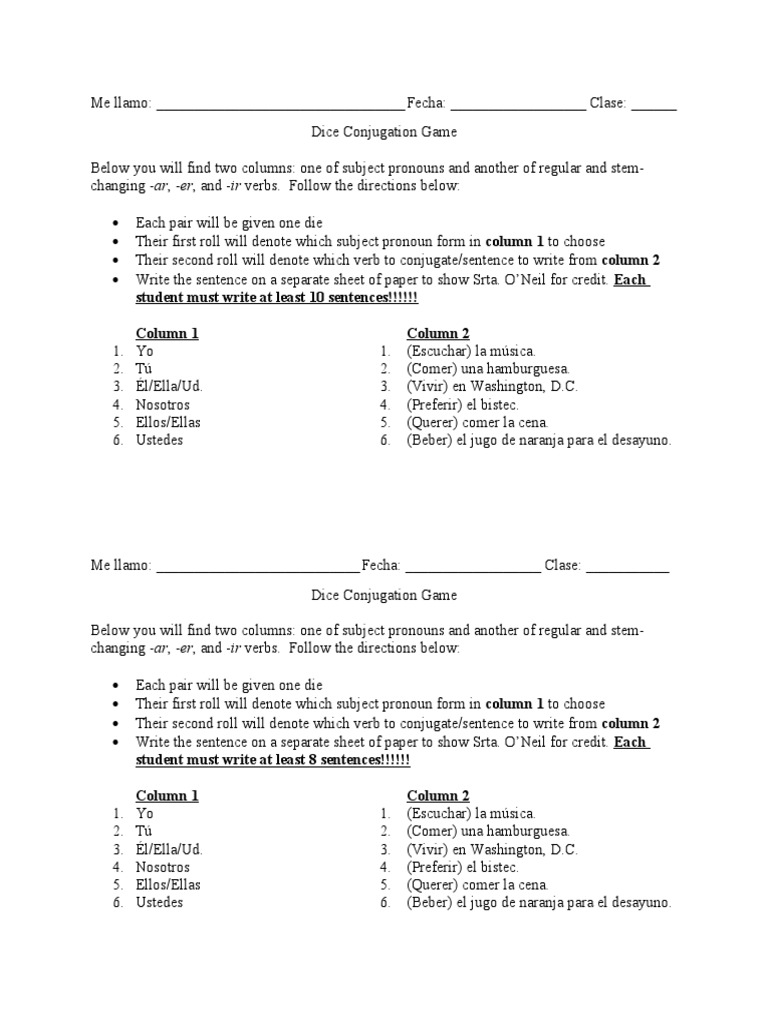 Dice Conjugation Game (AR, ER, & IR Verbs) | PDF