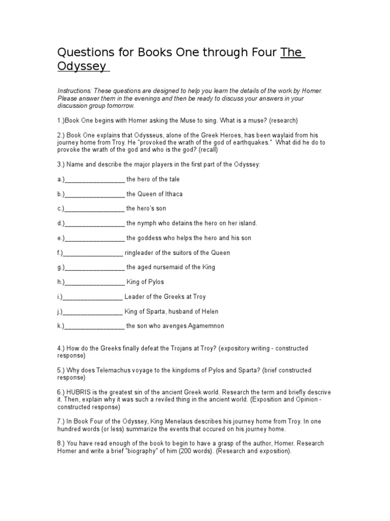 The Odyssey Questions Books 1-4 | PDF | Odyssey | Mythology