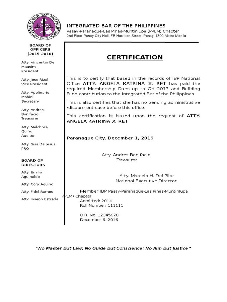 Integrated Bar of The Philippines Certificate SAMPLE | PDF