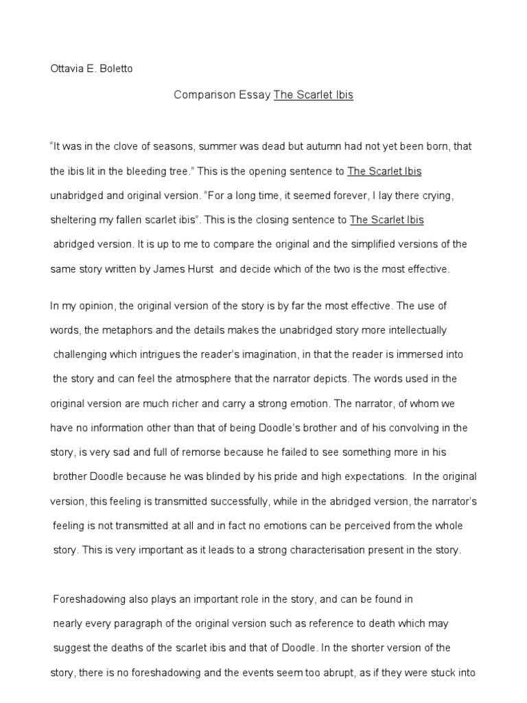 Comparison Essay The Scarlet Ibis | PDF