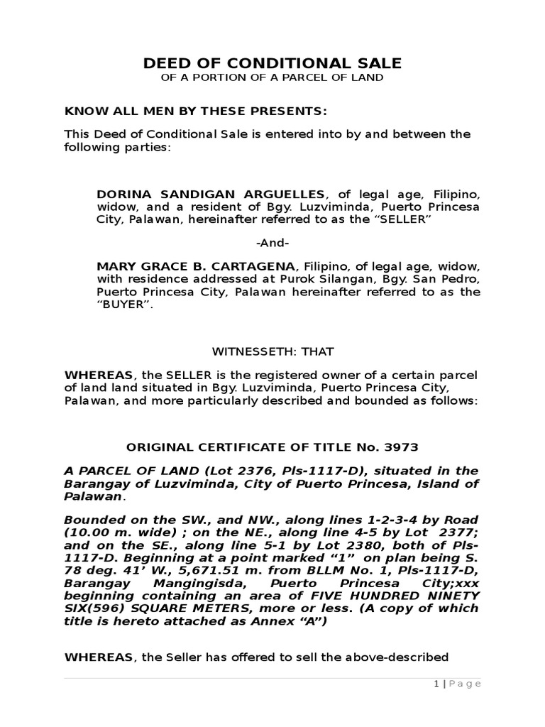 Deed of Conditional Sale | PDF | Sales | Common Law