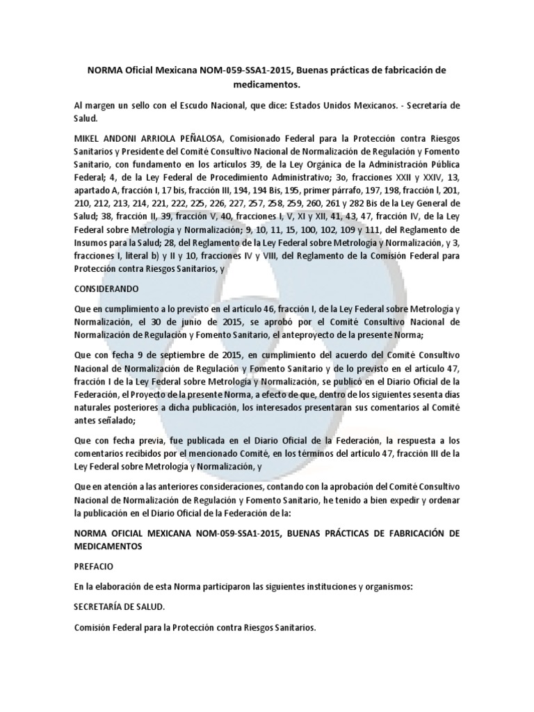 Nom 059 Ssa1 2015 | PDF | Medicamentos con receta | Calidad (comercial)