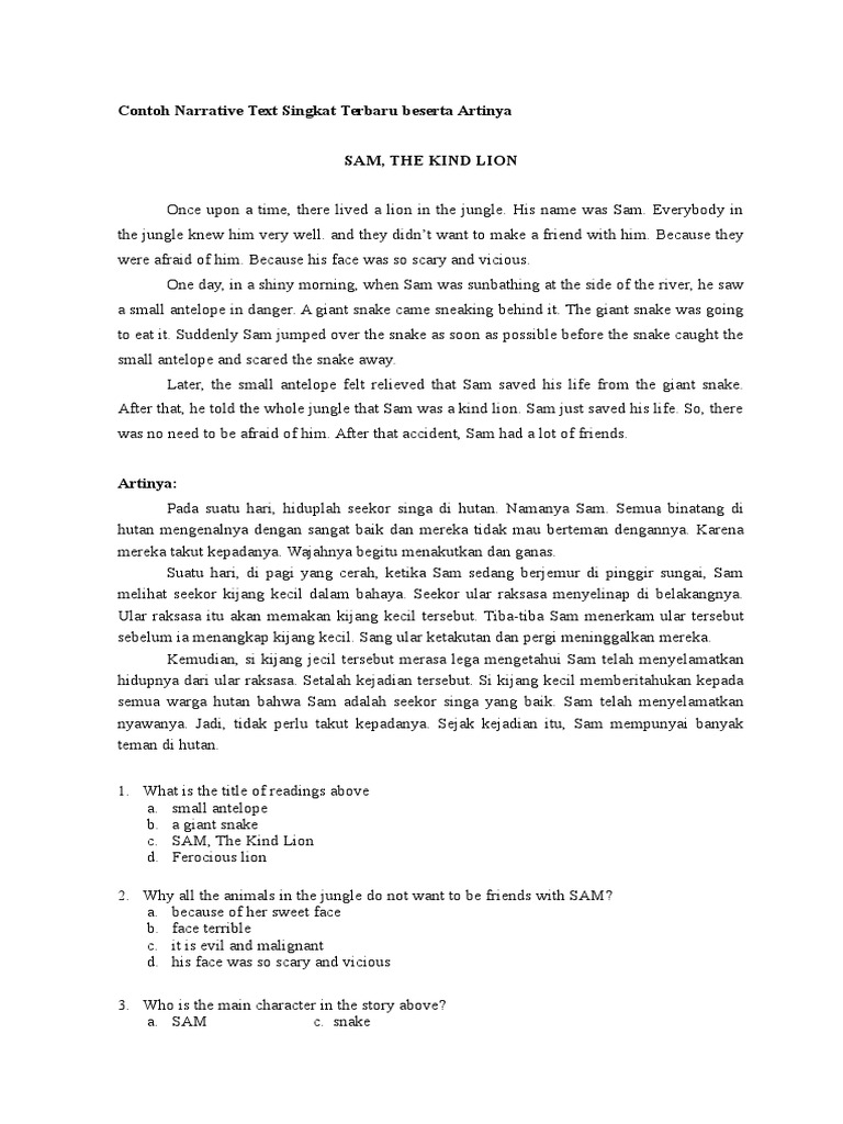 Contoh Narrative Text Singkat Terbaru Beserta Artinya | PDF